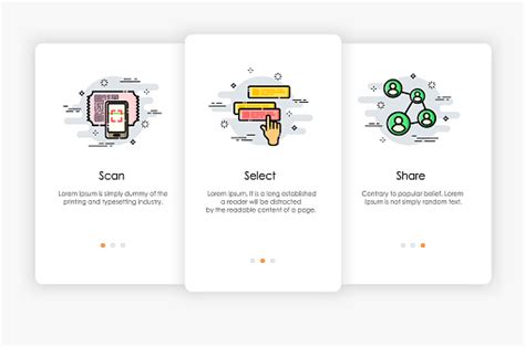 응용 프로그램 개념을 사용 하는 방법에 온 보 딩 화면 디자인 검색 선택 하 고 공유 아이콘입니다 현대적이 고 간단한 벡터 일러스트 레이 션 모바일 애플 리 케이 션에 대