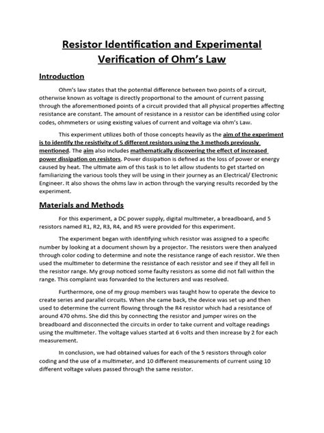 Resistor Identification And Experimental Verification Of Ohm Pdf Teaching Methods