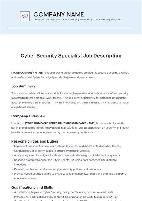 Free Cyber Security Specialist Job Description Format Template To Edit