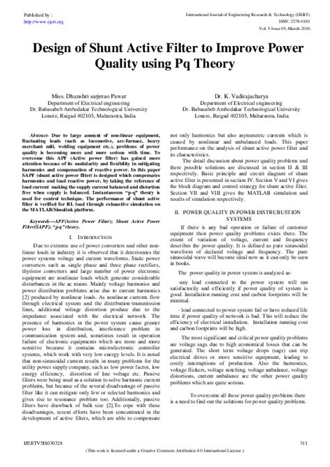 Pdf Design Of Shunt Active Filter To Improve Power Quality Using Pq Theory