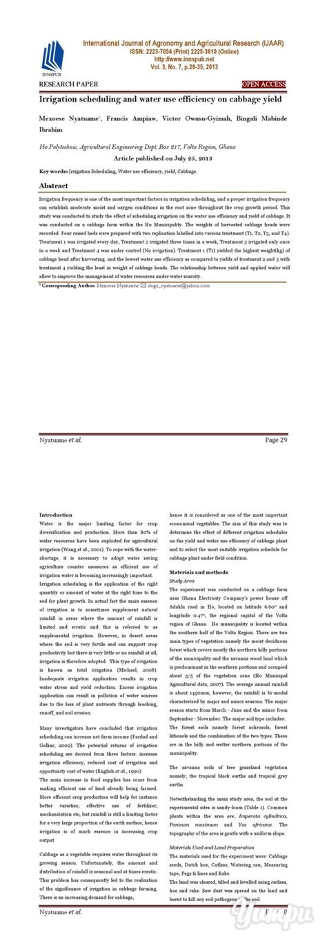 Irrigation Scheduling And Water Use Efficiency On Cabbage Yield Agronomy Agricultural Science