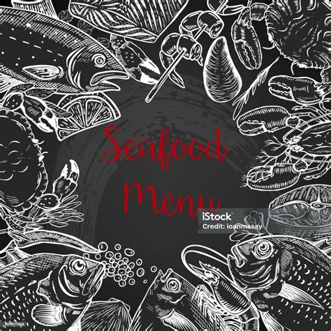 해산물 신선한 메뉴 템플릿입니다 물고기 게 새우 랍스터 향미료 벡터 일러스트 레이 션 가리기에 대한 스톡 벡터 아트 및 기타 이미지 Istock