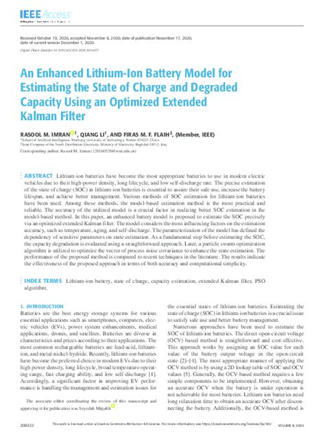 Pdf An Enhanced Lithium Ion Battery Model For Estimating The State Of Charge And Degraded