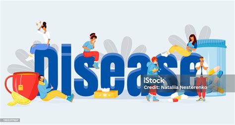 질병 단어 개념 플랫 컬러 벡터 배너 의료 치료 질병에 대한 제약 원조 작은 만화 캐릭터와 고립 된 타이포그래피 흰색에 고립 된
