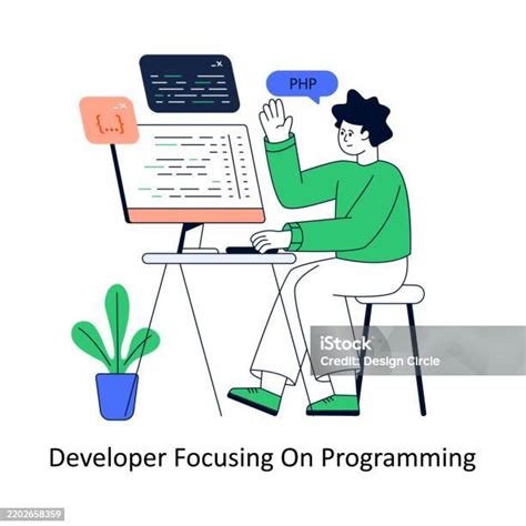 개발자는 플랫 스타일 디자인 벡터 일러스트 레이 션을 프로그래밍하는 데 중점을 둡니다 스톡 일러스트 개발에 대한 스톡 벡터 아트 및 기타 이미지 Istock