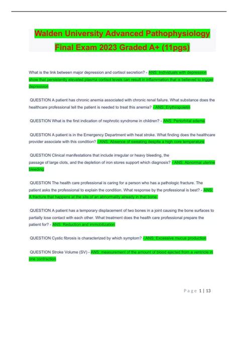 Walden University Advanced Pathophysiology Final Exam 2023 Graded A 11pgs Walden University