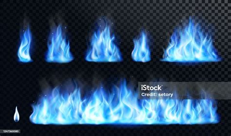 Api Biru Api Diatur Realistis Ilustrasi Stok Unduh Gambar Sekarang Biru Api Vektor