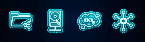 라인 공유 폴더 공유 네트워크의 하드 디스크 드라이브 Co2 배출 클라우드 및 네트워크를 설정합니다 빛나는 네온 아이콘입니다