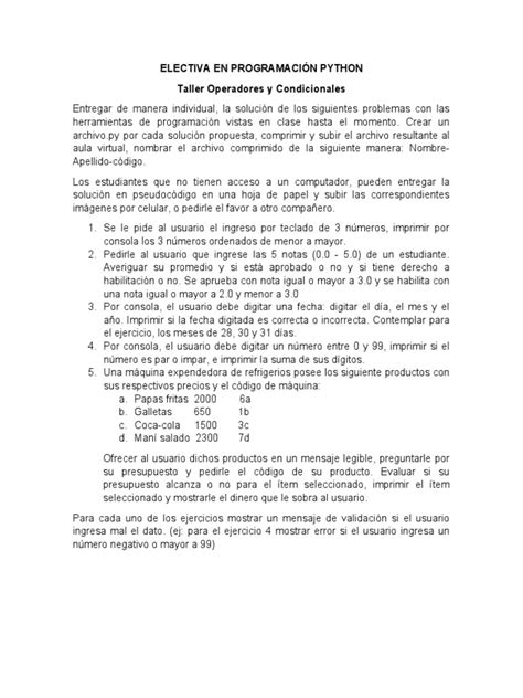 Taller Operadores Y Condicionales Python Pdf