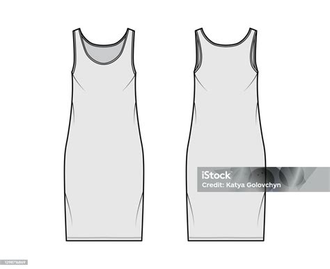 스쿱 넥 스트랩 무릎 길이 오버사이즈 바디 펜슬 풀이 있는 탱크 드레스 테크니컬 패션 일러스트 플랫 0명에 대한 스톡 벡터 아트 및 기타 이미지 Istock