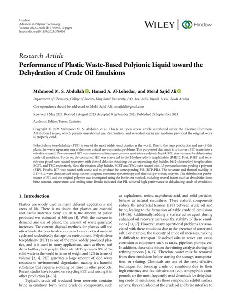 Pdf Performance Of Plastic Waste Based Polyionic Liquid Toward The