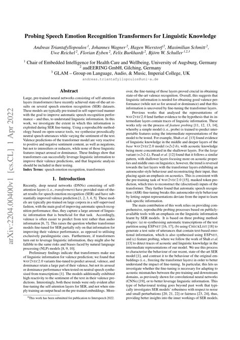 Pdf Probing Speech Emotion Recognition Transformers For Linguistic