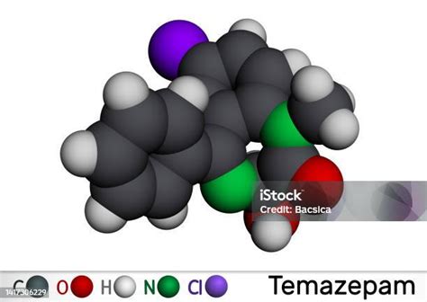 테마제팜 약물 분자 그것은 공황 장애 심한 불안 불면증을 치료하는 데 사용되는 벤조디아제핀입니다 분자 모델 3d 렌더링 3차원 형태에 대한 스톡 벡터 아트 및 기타 이미지