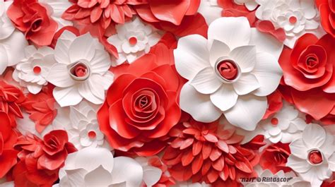 Red Themed Floral Texture A Seamless Pattern Complemented By Elegant White Paper Flowers And