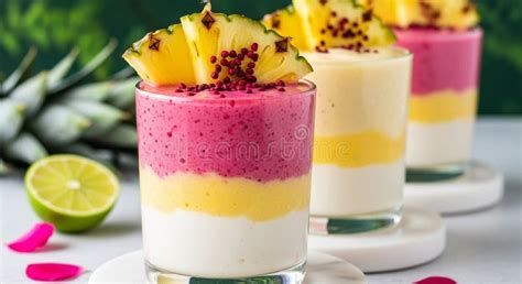 Layered Smoothies In Glasses With Pineapple Garnish And Lime On A White