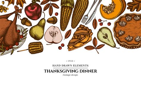 호박 포크 칼 배 칠면조 호박 파이 사과 파이 옥수수 사과 로완 단풍 나무 참나무로 디자인된 컬러 요소 디자인 추수감사절에 대한 스톡 벡터 아트 및 기타 이미지 Istock