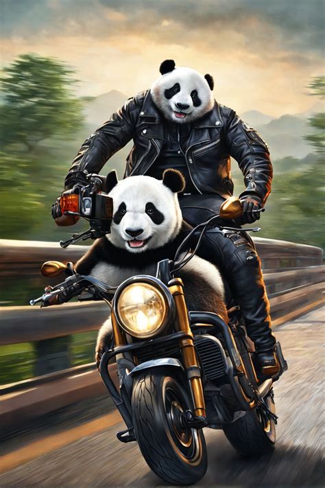 真实感毛发，大熊猫骑着摩托车，穿着皮衣，奔驰在大桥上 又笨又聪明的一颗豆的文本出图 模板创作作品