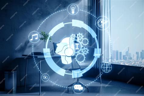 창의적인 반 ⁇ 이는 둥근 머리 윤 ⁇ A 홀로그램 흐릿한 사무실 인테리어 배경에 도시 전망 기계 학습 인공 지능 및 혁신 개념 이중 노출 프리미엄 사진