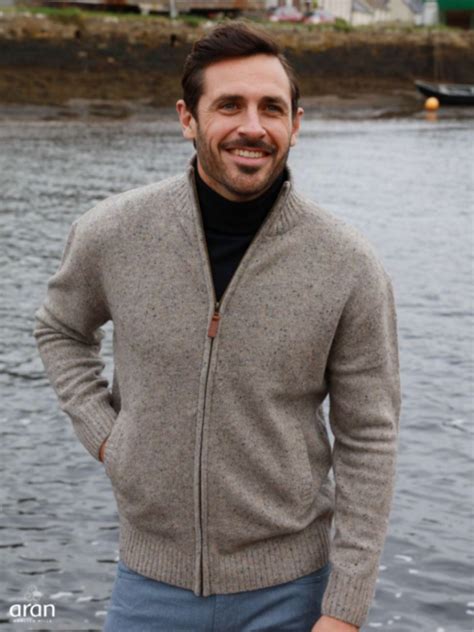 Mens Full Zip Cardigan Lambswool Beige The Sweater Shop