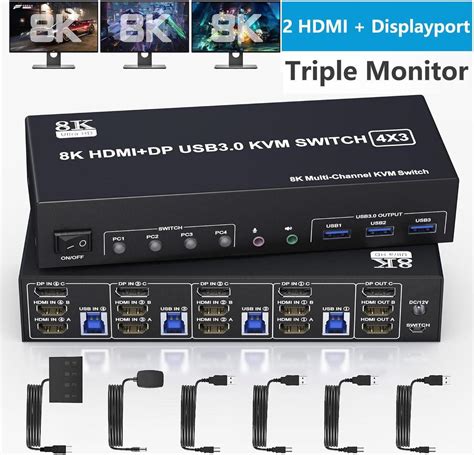 Kvm Switch 3 Monitors 4 Computers 8k 60hz 4k 144hz 2 Hdmi 1 Displayport Triple Monitor Kvm