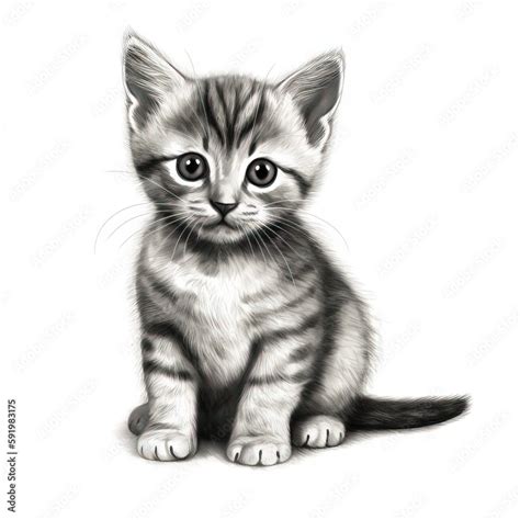 A Pencil Drawing Of A Small Kitten Sitting On The Ground Looking At The