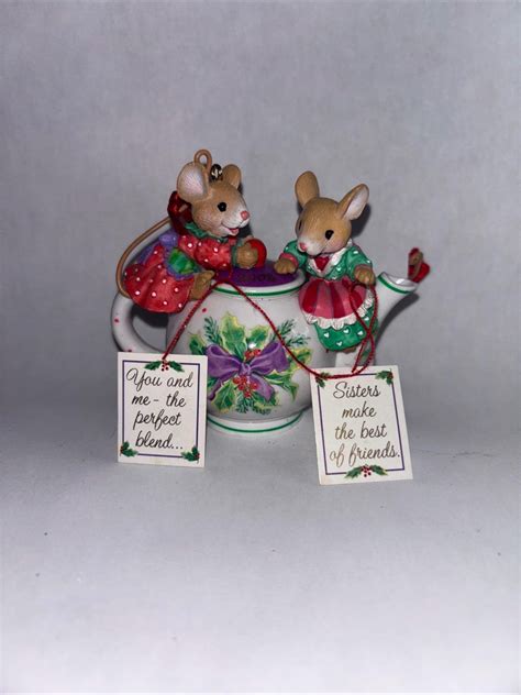 Carlton Vintage Christmas Ornament Friend Sister Teapot Mouse Girls Tea