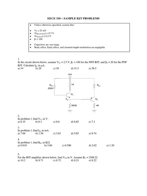 Exercise Sample Bjt Problems Pdf Bipolar Junction Transistor Field Effect Transistor