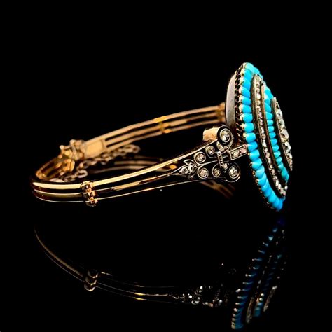 Antique Turquoise Diamond 18k Gold Hinged Bangle Bracelet Neil