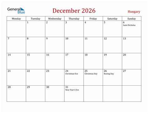 December 2026 Hungary Monthly Calendar With Holidays Monday Start