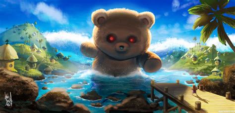 Огромный мишка с горящими красными глазами посреди залива — Арт картинки