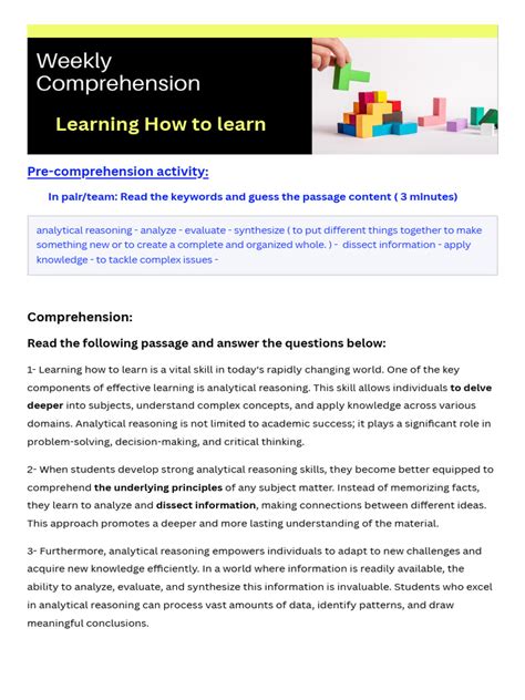 Comprehension Learning How To Learn2 Pdf Reading Comprehension Reason