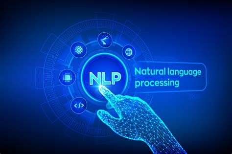 Nlp 가상 화면에서 자연어 처리 인지 컴퓨팅 기술 개념 자연어 Scince 개념 디지털 인터페이스를 만지는 로봇 손 벡터 그림입니다 과학에 대한 스톡 벡터 아트 및 기타