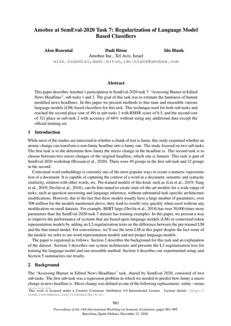 Pdf Amobee At Semeval 2020 Task 7 Regularization Of Language Model Based Classifiers