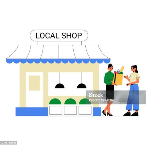 여성 상점 주인으로부터 식료품 가방을받는 여성 고객 와 지역 상점 외부 와 편평한 벡터 그림 상징 상징 지역 사회 쇼핑 그리고 소기업 백색 배경에 고립 건강한 식생활에 대한