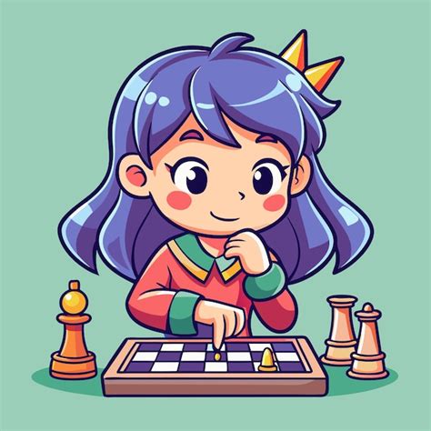 Милая девушка играет в шахматы Карикатурная векторная иллюстрация Премиум Ai сгенерированный