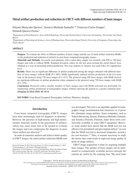 Pdf Metal Artifact Production And Reduction In Cbct With Different Numbers Of Basis Images
