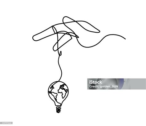 흰색 배경에 선 그리기로 지구본 전구가 있는 추상적인 손 연속성에 대한 스톡 벡터 아트 및 기타 이미지 연속성