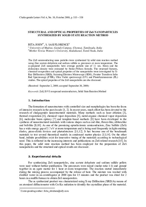 Pdf Structural And Optical Properties Of Zns Nanoparticles Synthesized By Solid State Reaction