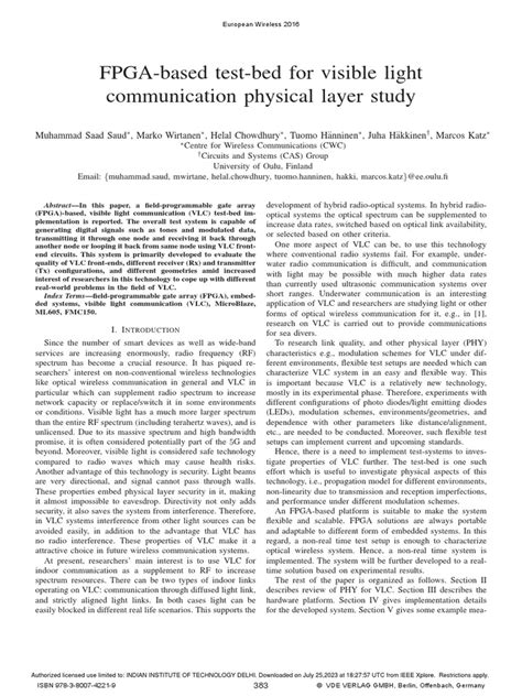 Fpga Based Test Bed For Visible Light Communication Physical Layer