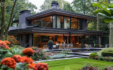 Modern House In The Forest A View From The Garden Stock Image Image