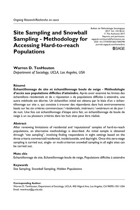 Pdf Site Sampling And Snowball Sampling Methodology For Accessing Hard To Reach Populations
