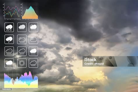 열대 폭풍 배경에 그래프와 차트와 일기 예보 기호 데이터 프리젠 테이션 황혼 열대 하늘에 폭풍 구름과 폭우 폭풍의 극적인 분위기 파노라마 보기 0명에 대한 스톡 사진 및