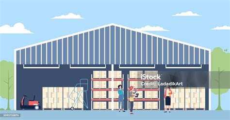 창고 감사 제복을 입은 직원 관리자 및 감사관 물류 사무원 소포 및 특수 차량 거대한 평평한 창고 벡터 장면 개념에 대한 스톡 벡터 아트 및 기타 이미지 Istock