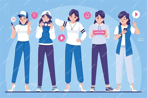 콘텐츠 제작자 캐릭터 디자인 세트 프리미엄 벡터