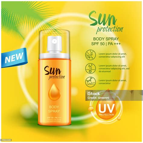 태양 보호 화장품 썬 케어 스프레이 벡터 3d 일러스트 잡지 또는 광고 모의 광고에 대한 스톡 벡터 아트 및 기타 이미지
