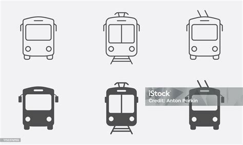 버스 트롤리 버스 기차 트램 라인 및 실루엣 아이콘 세트 전기 도시 대중 교통 픽토그램 여행 운송 기호 컬렉션입니다 교통 도로 표지판 격리된 벡터 그림 케이블 카에 대한