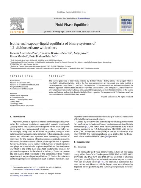 Pdf Isothermal Vapour Liquid Equilibria Of Binary Systems Of 1 2 Dichloroethane With Ethers