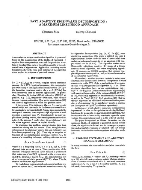 Fast Adaptive Eigenvalue Decomposition A Maximum Likelihood Approach Pdf Eigenvalues And