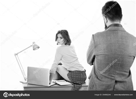 Man Boss Stand In Front Of Sexy Girl Working Laptop Office Manager Or
