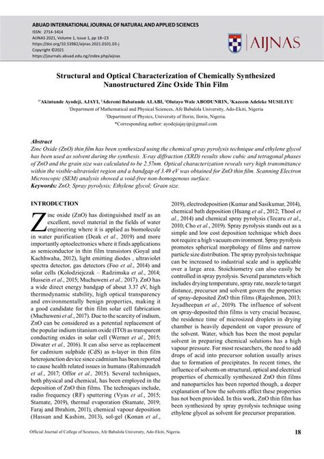 Pdf Structural And Optical Characterization Of Chemically Synthesized Nanostructured Zinc